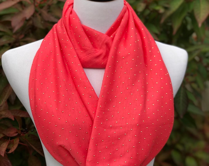 Living Coral Color Bright Coral Scarf Pink Coral Golden Dots Scarf ...