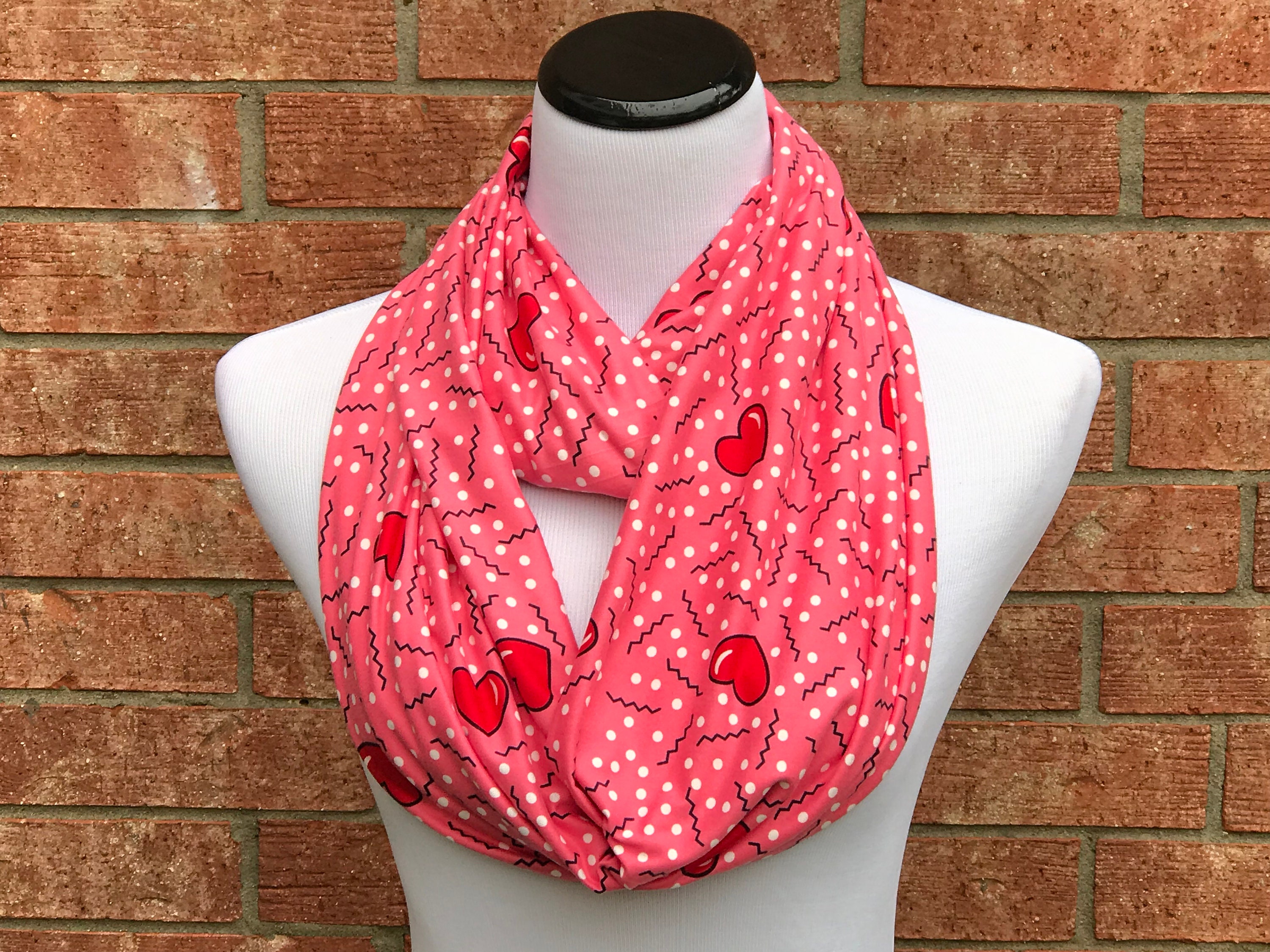 Valentine's Day Scarf Pink Red Hearts Scarf Loop Scarf White Polka Dot ...