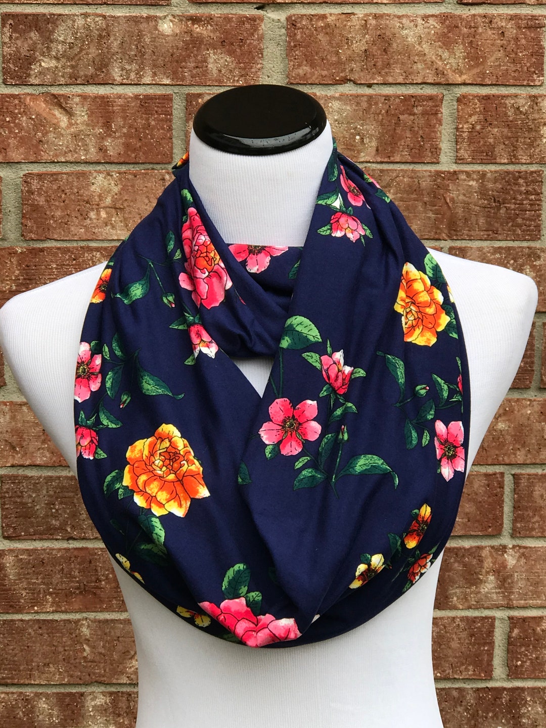 Floral Scarf Rose Scarf Navy Blue Pink Orange Scarf Infinity Scarf ...