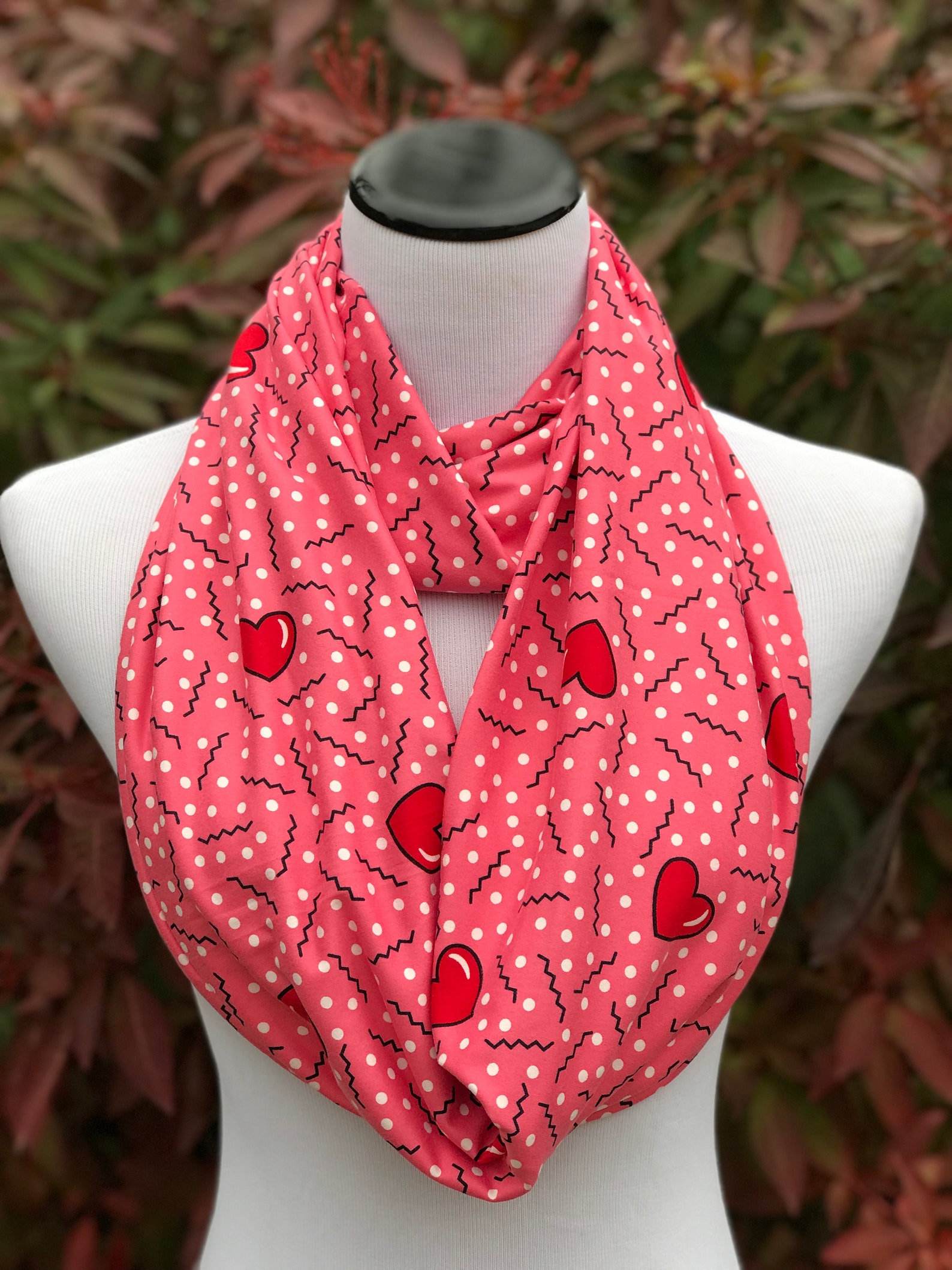 Valentine's Day Scarf Pink Red Hearts Scarf Loop Scarf White Polka Dot ...