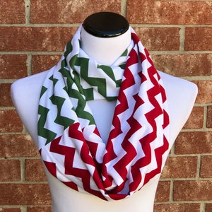 Red Green Scarf Christmas Scarf Chevron Infinity Scarf Colorblock Scarf ...