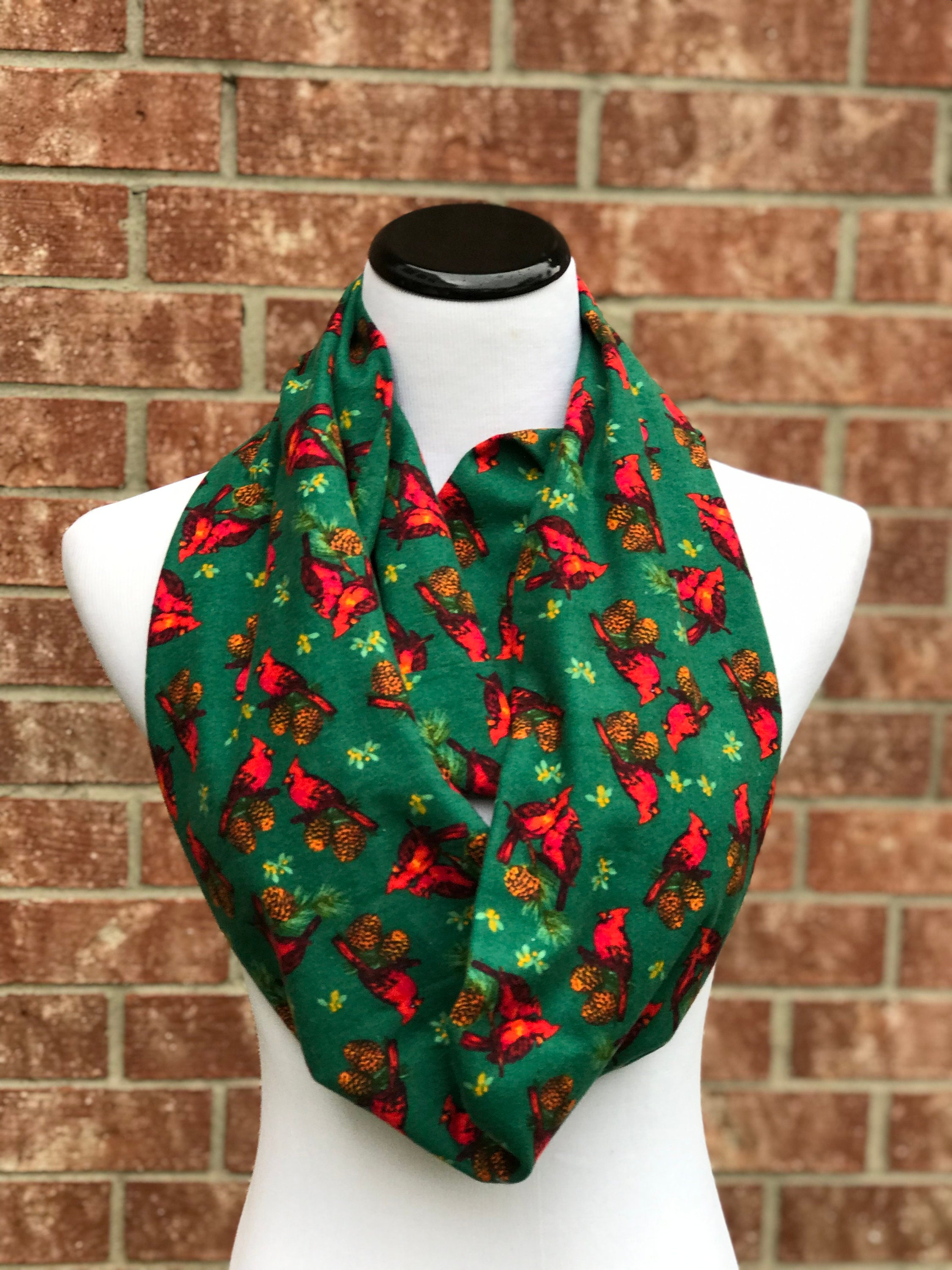 Christmas Scarf Red Cardinal Birds Green Red Infinity Scarf - Etsy