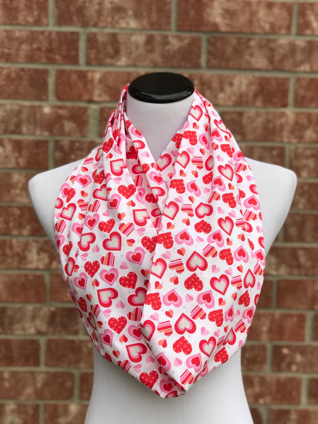Hearts Scarf Valentine's Day Scarf Infinity Scarf White Pink Red Hearts ...