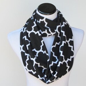 Black Scarf, Halloween Black White Infinity Scarf Quatrefoil Cotton ...
