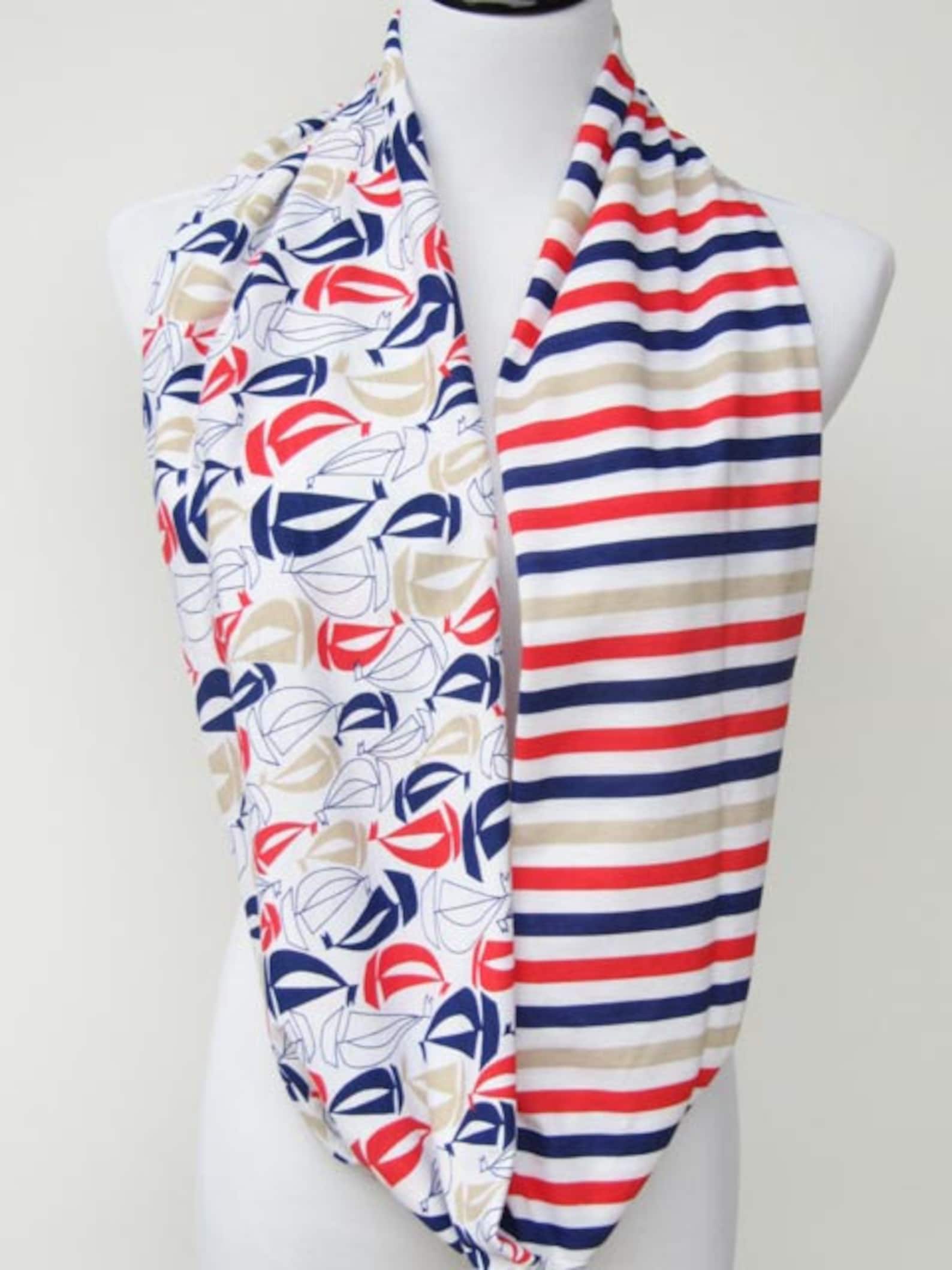 Nautical Scarf Red Blue White Stripes and Sailboats Infinity Scarf ...