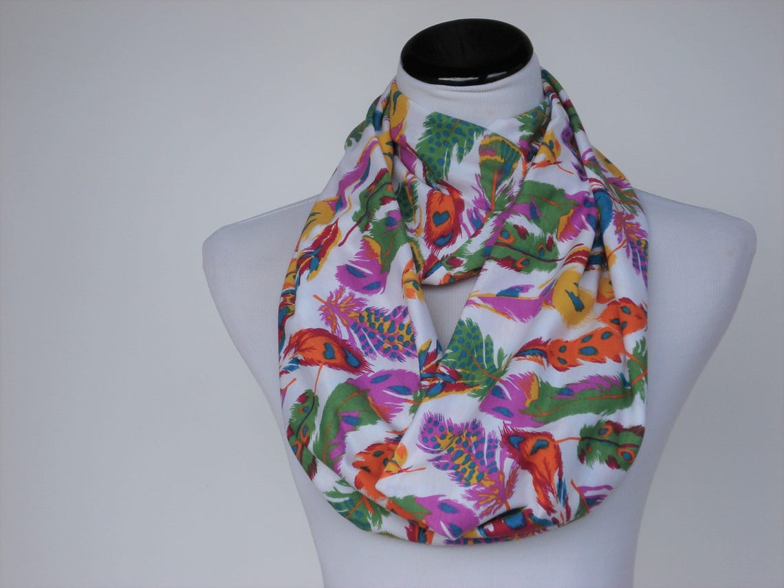 Feather print Scarf Purple Green Orange Yellow Infinity Scarf | Etsy