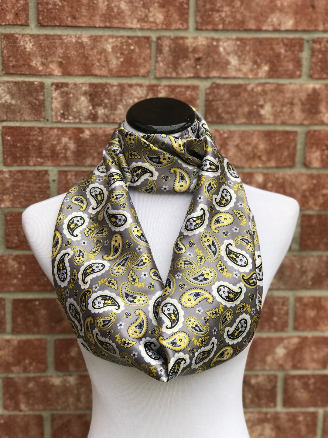 Satin Infinity Scarf Paisley Scarf Yellow Silver Gray Loop Scarf Circle ...
