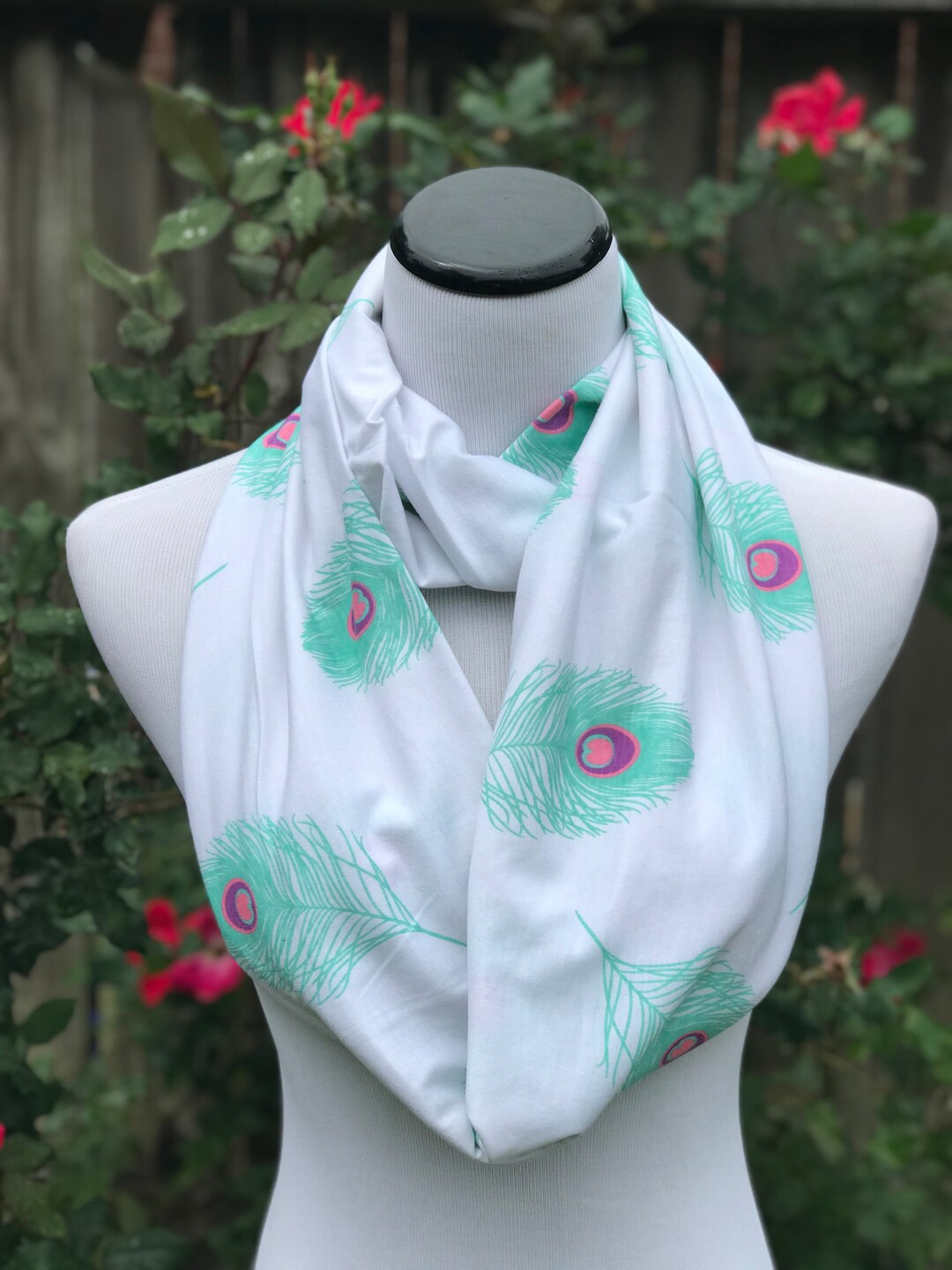 Feather Print Scarf Peacock Scarf Infinity Scarf Teal White Peacock ...