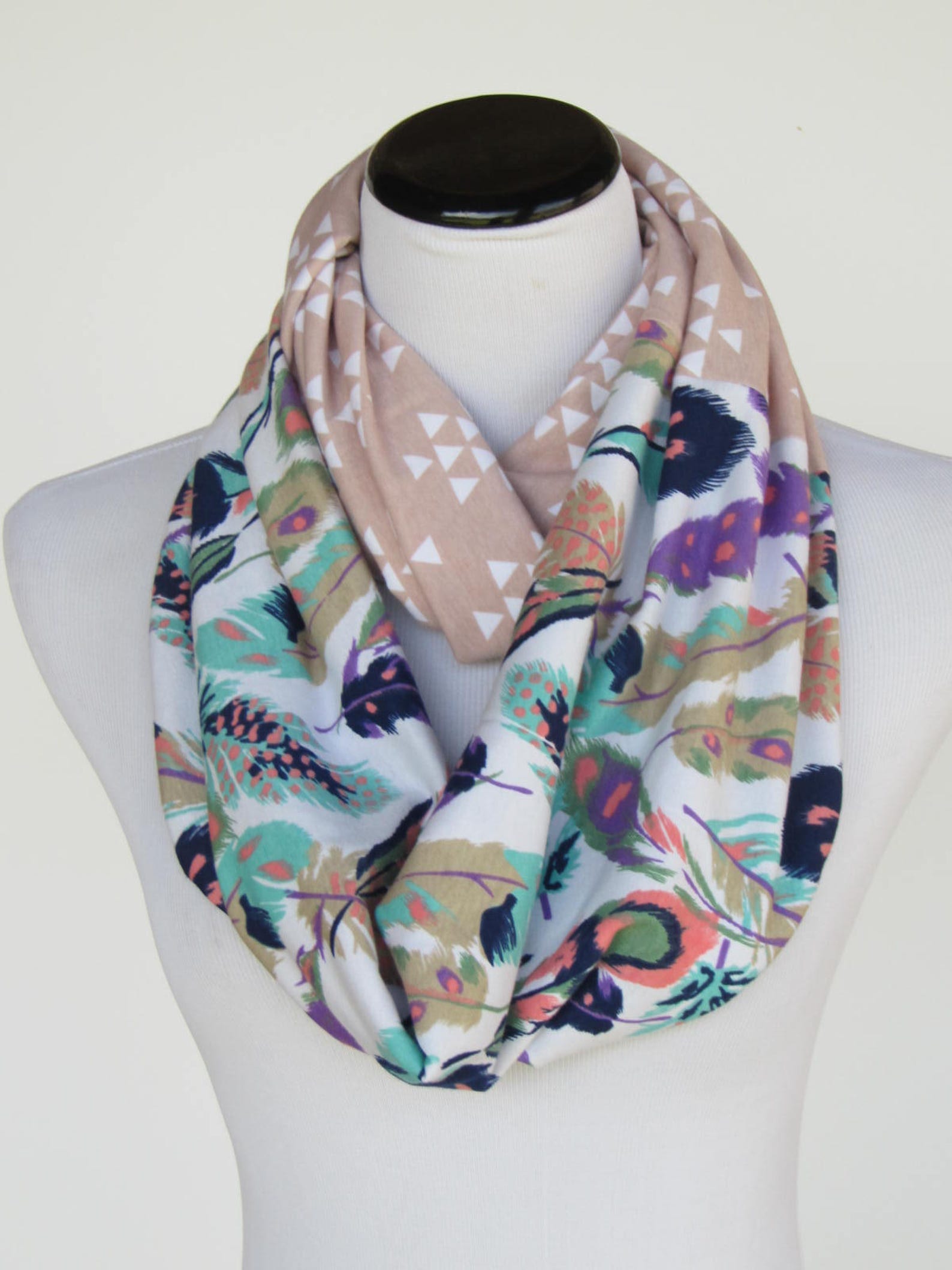 Feather Print Scarf Infinity Scarf Color Block Scarf Soft | Etsy