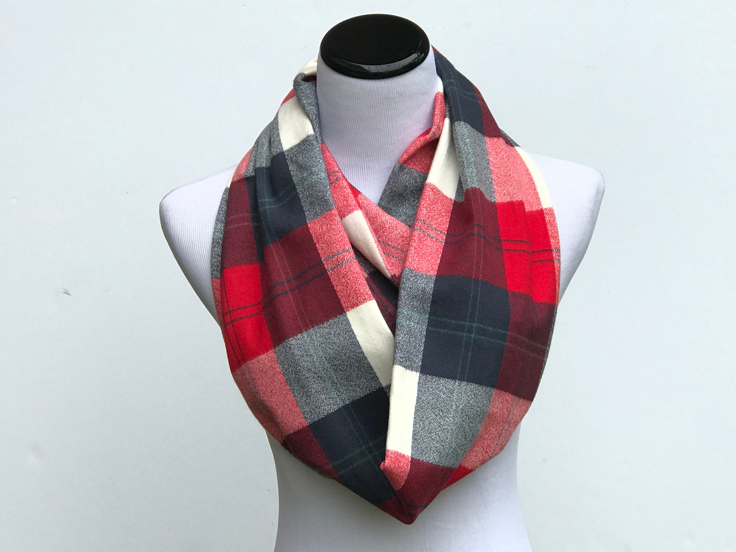 Plaid Scarf Red Gray Ivory Flannel Scarf Tartan Plaid Infinity | Etsy