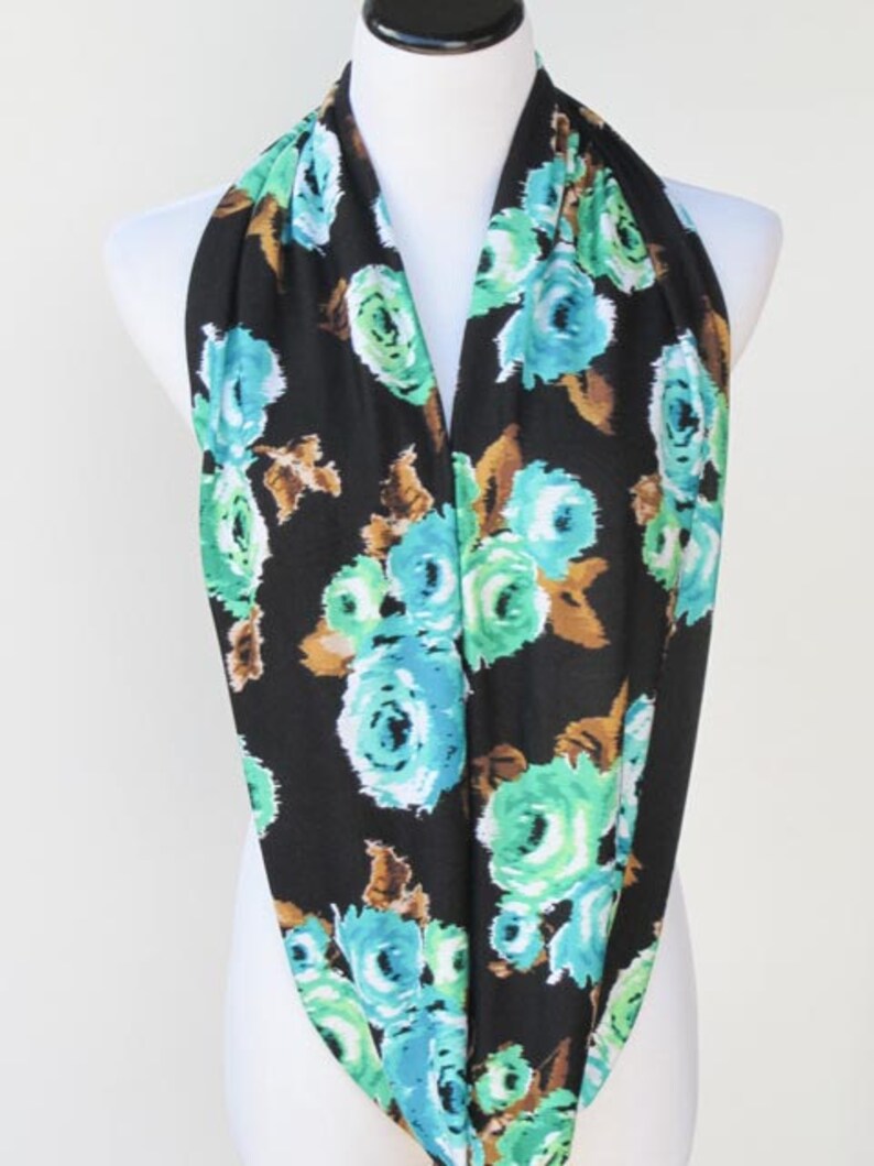 Black Teal Scarf Floral Infinity Scarf Roses Print Scarf Soft | Etsy