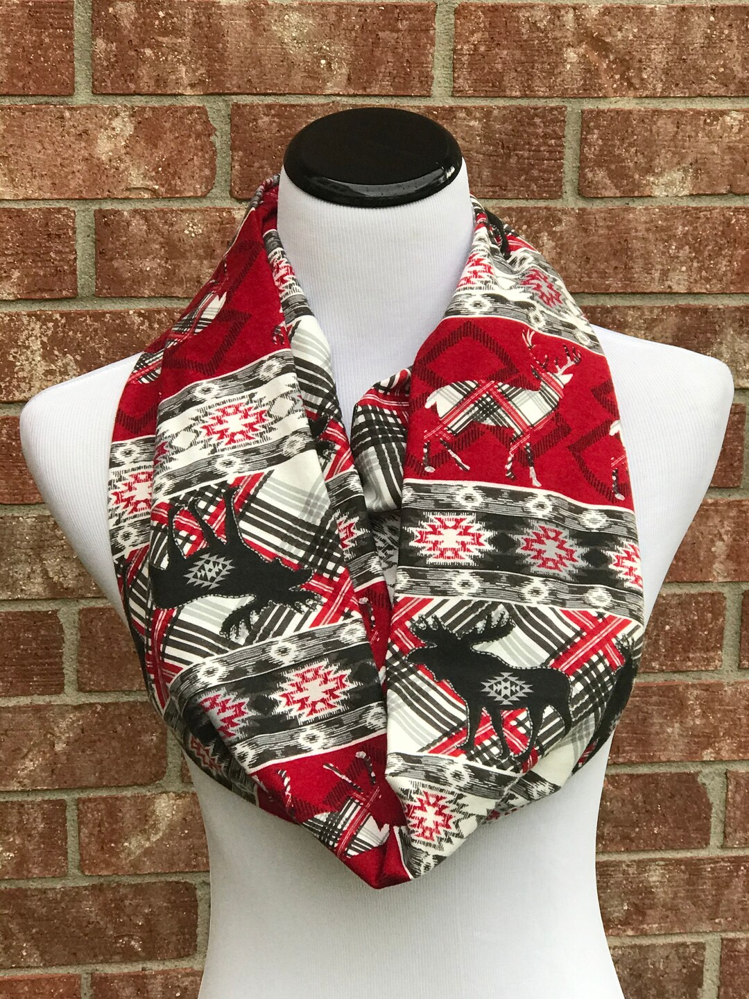 Christmas Scarf Red Gray Reindeer Moose Elk Infinity Scarf White Aztec ...