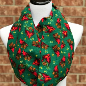 Christmas Scarf Red Cardinal Birds Green Red Infinity Scarf Cotton ...