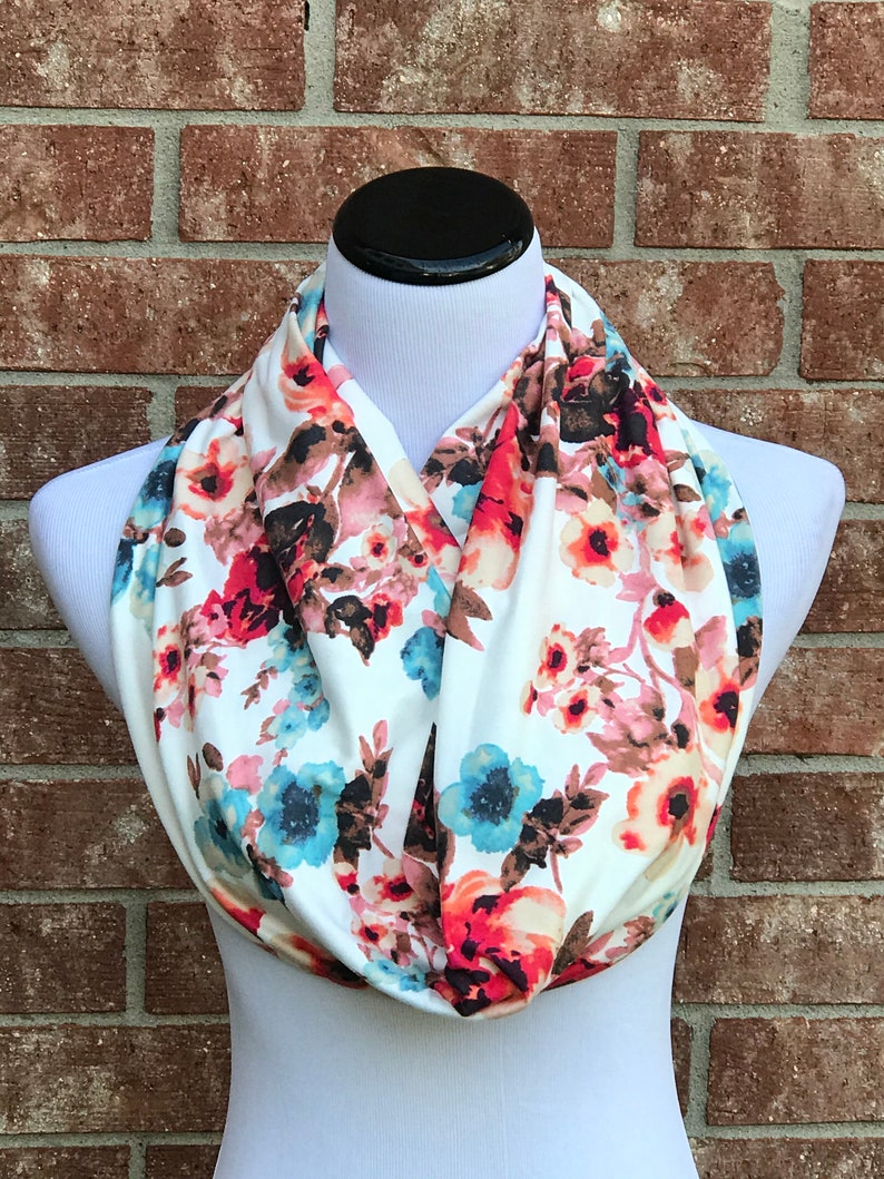 Ivory White Floral Scarf Pink Teal Roses Scarf Infinity Scarf | Etsy