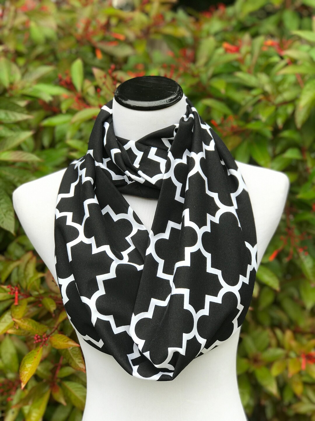 Black Scarf, Halloween Black White Infinity Scarf Quatrefoil Cotton ...