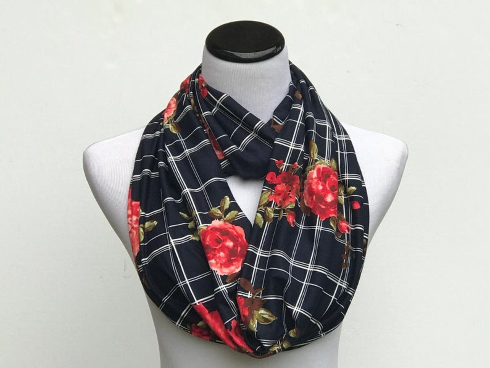 Navy Blue Floral Scarf Red Roses Flowers Scarf Infinity Scarf - Etsy