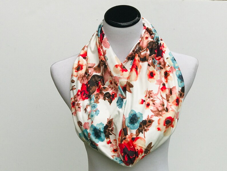 Ivory White Floral Scarf Pink Teal Roses Scarf Infinity Scarf | Etsy