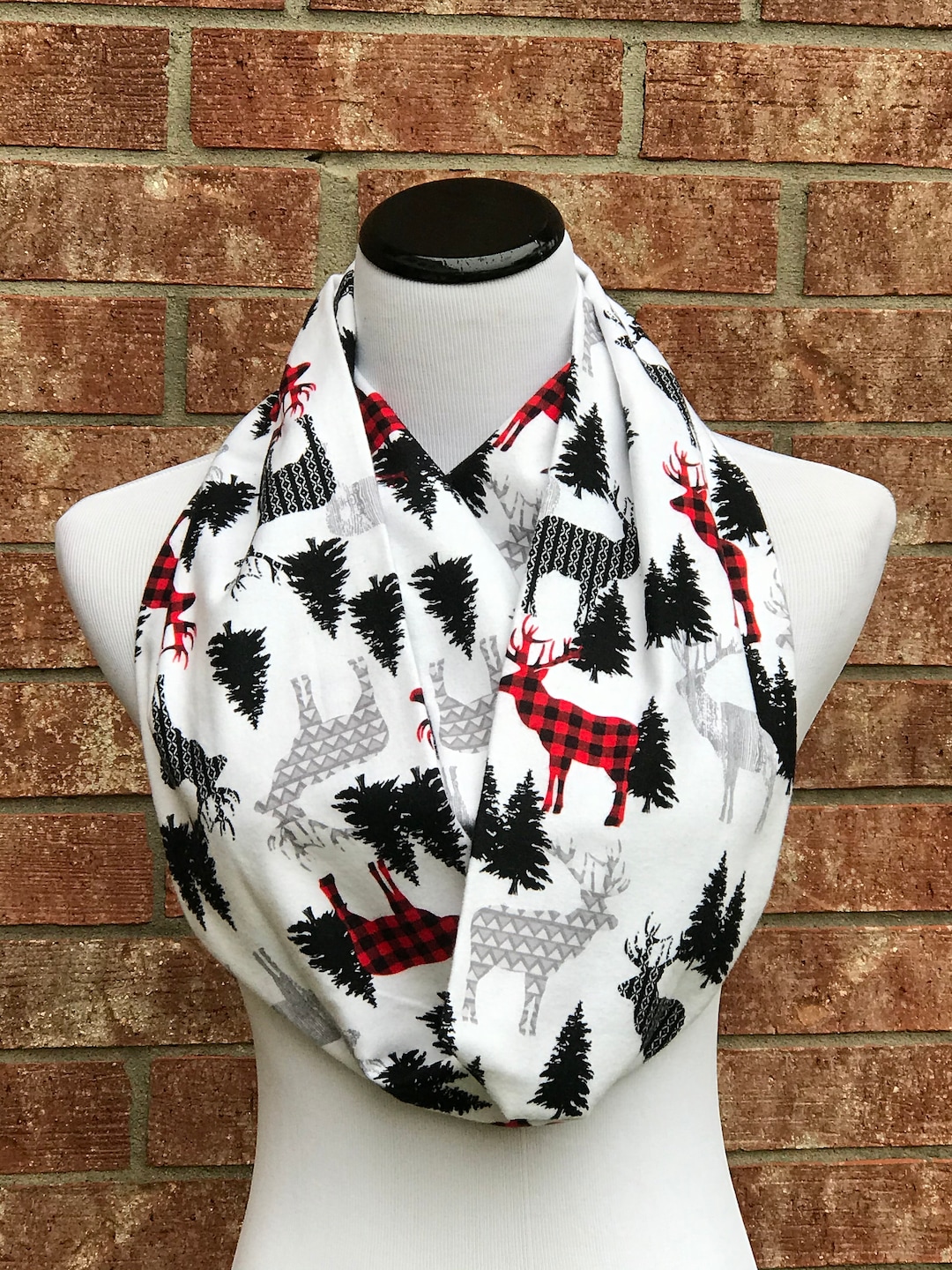 Christmas Scarf Reindeer Moose Elk Red Gray White Infinity Scarf ...