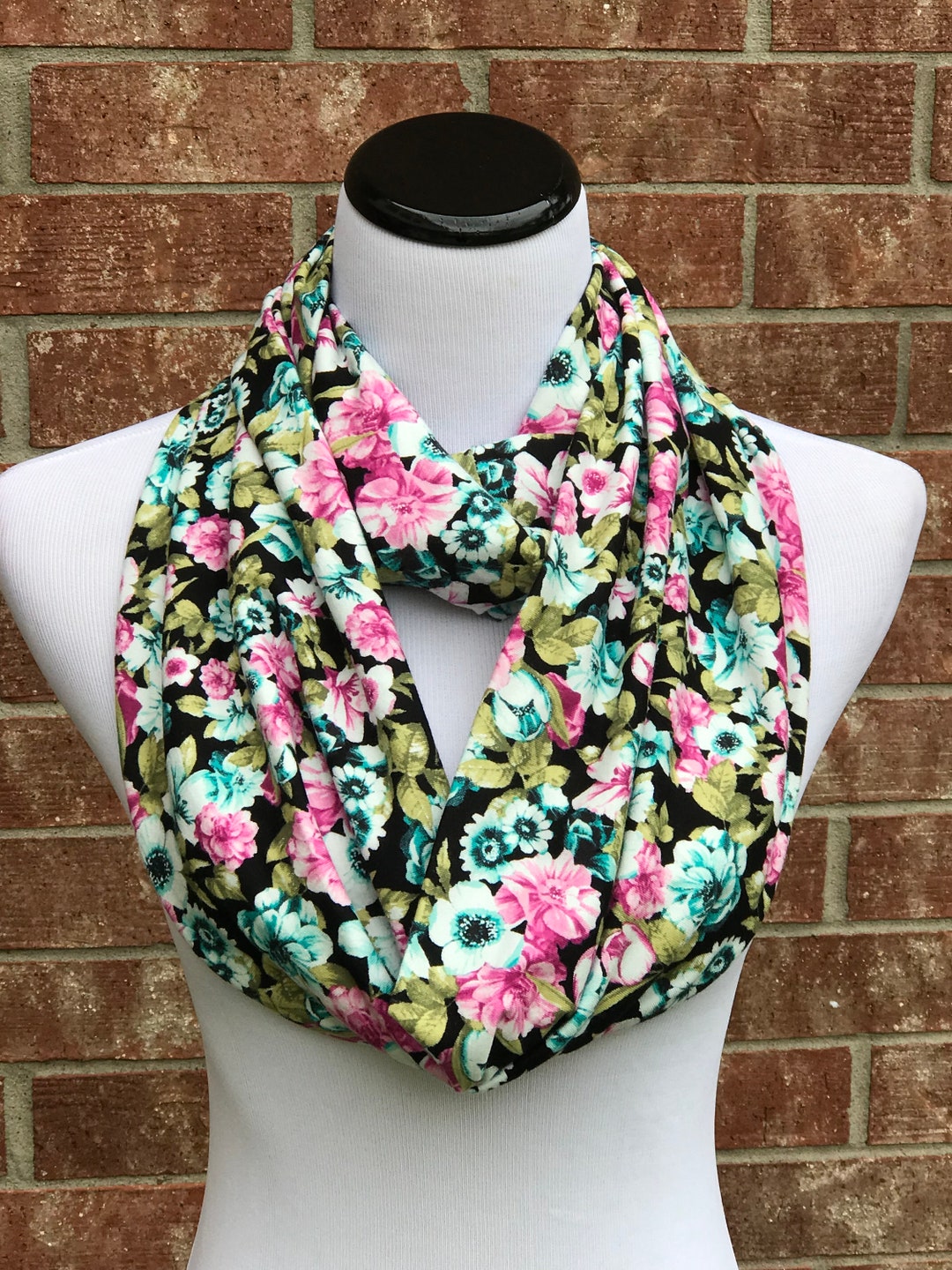 Floral Scarf Infinity Scarf Pink Teal Olive Black Scarf Roses Dogwood ...