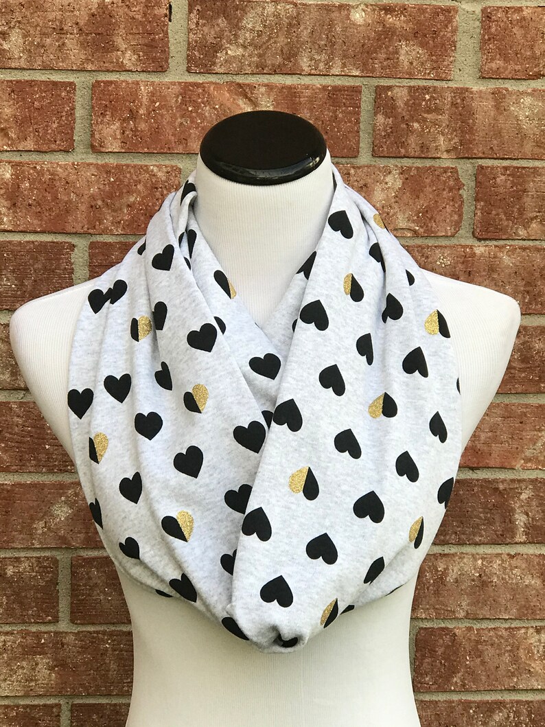 Golden Black Hearts Scarf Loop Scarf Gray & Black Scarf Heart - Etsy