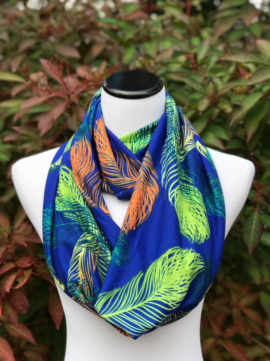 Blue Feather Scarf Infinity Scarf Royal Blue Feather Print Scarf Soft ...
