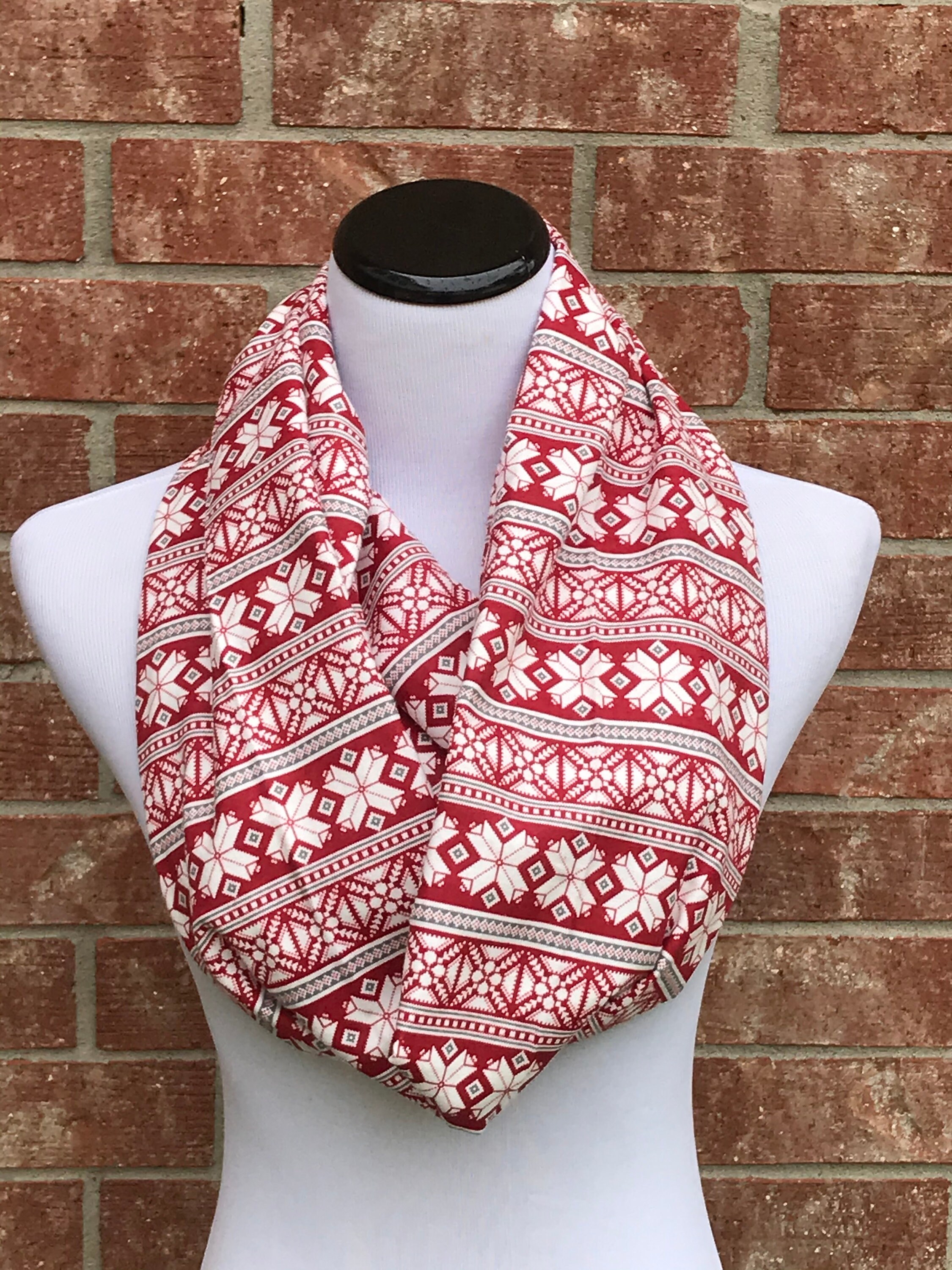 Christmas Scarf Red White Snowflakes Infinity Scarf Fair Isle | Etsy