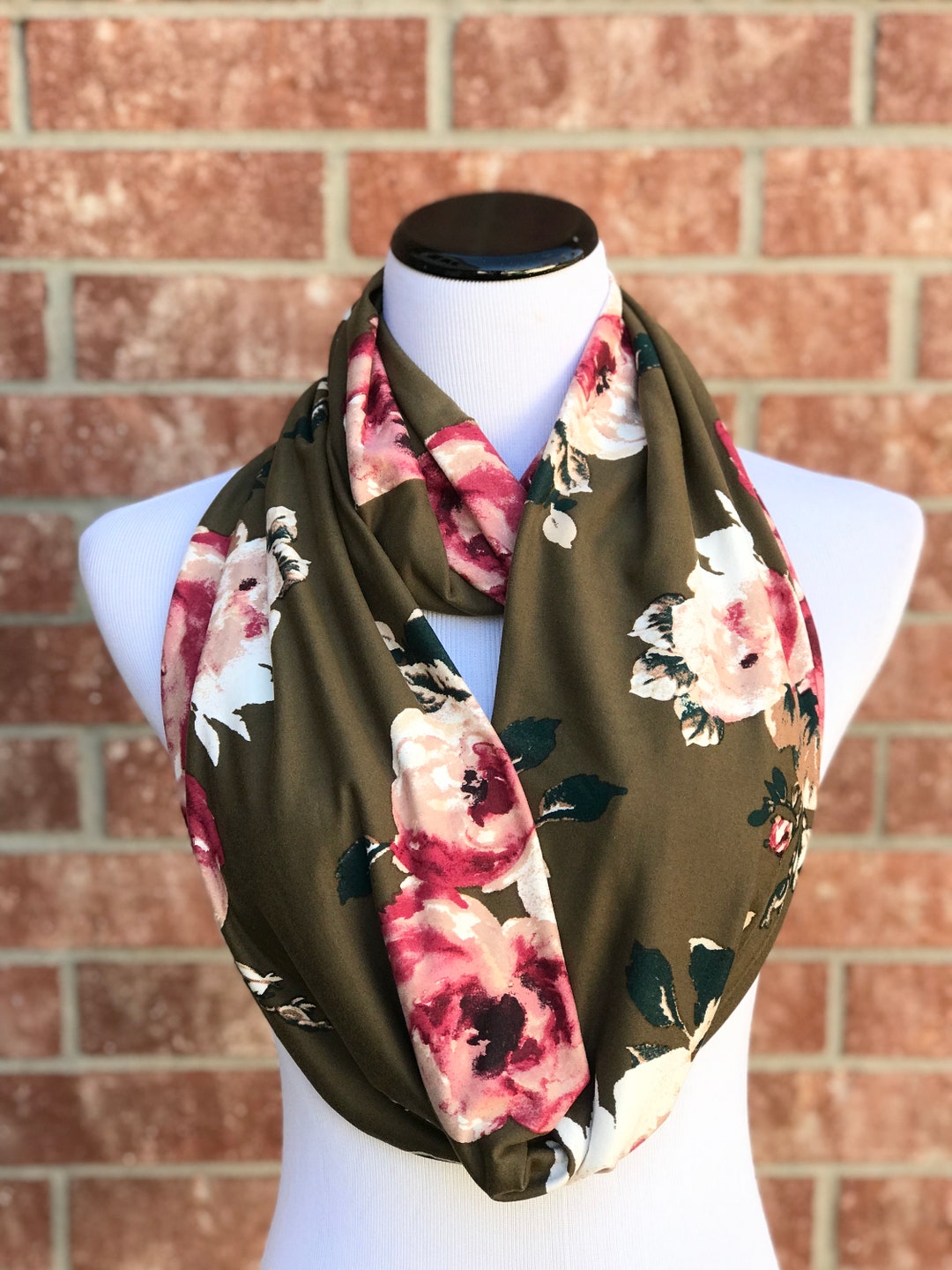 Floral Scarf Rose Scarf Olive Green Pink Flowers Scarf Infinity Scarf ...