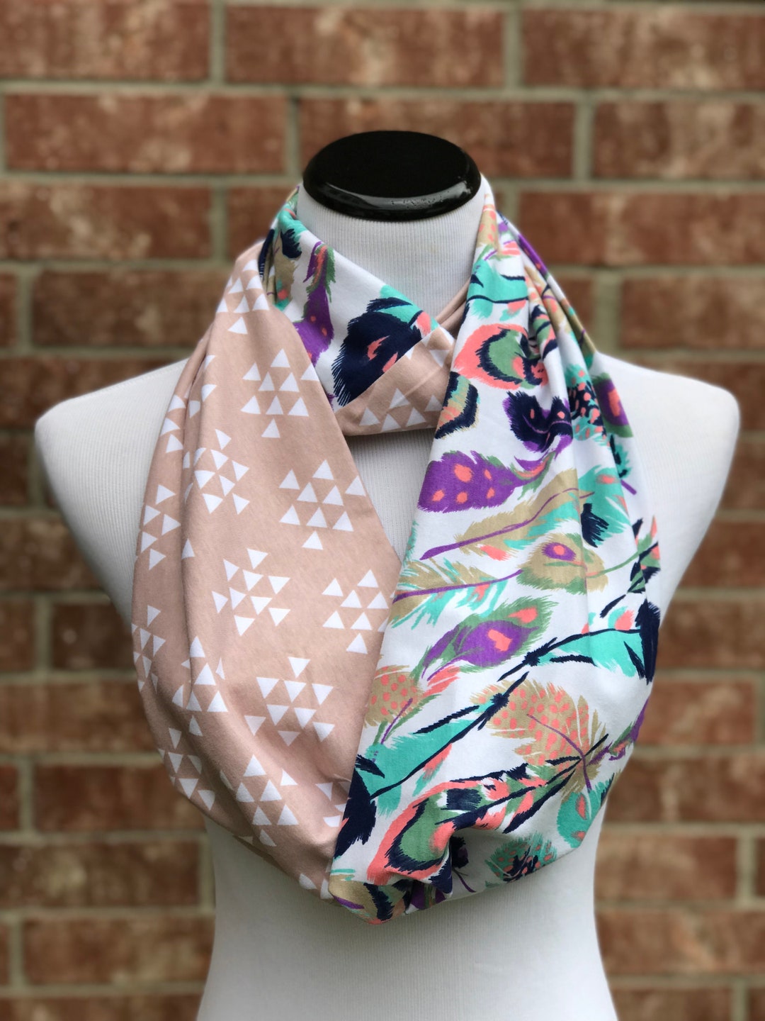 Feather Print Scarf Infinity Scarf Color Block Scarf Soft Jersey Knit ...