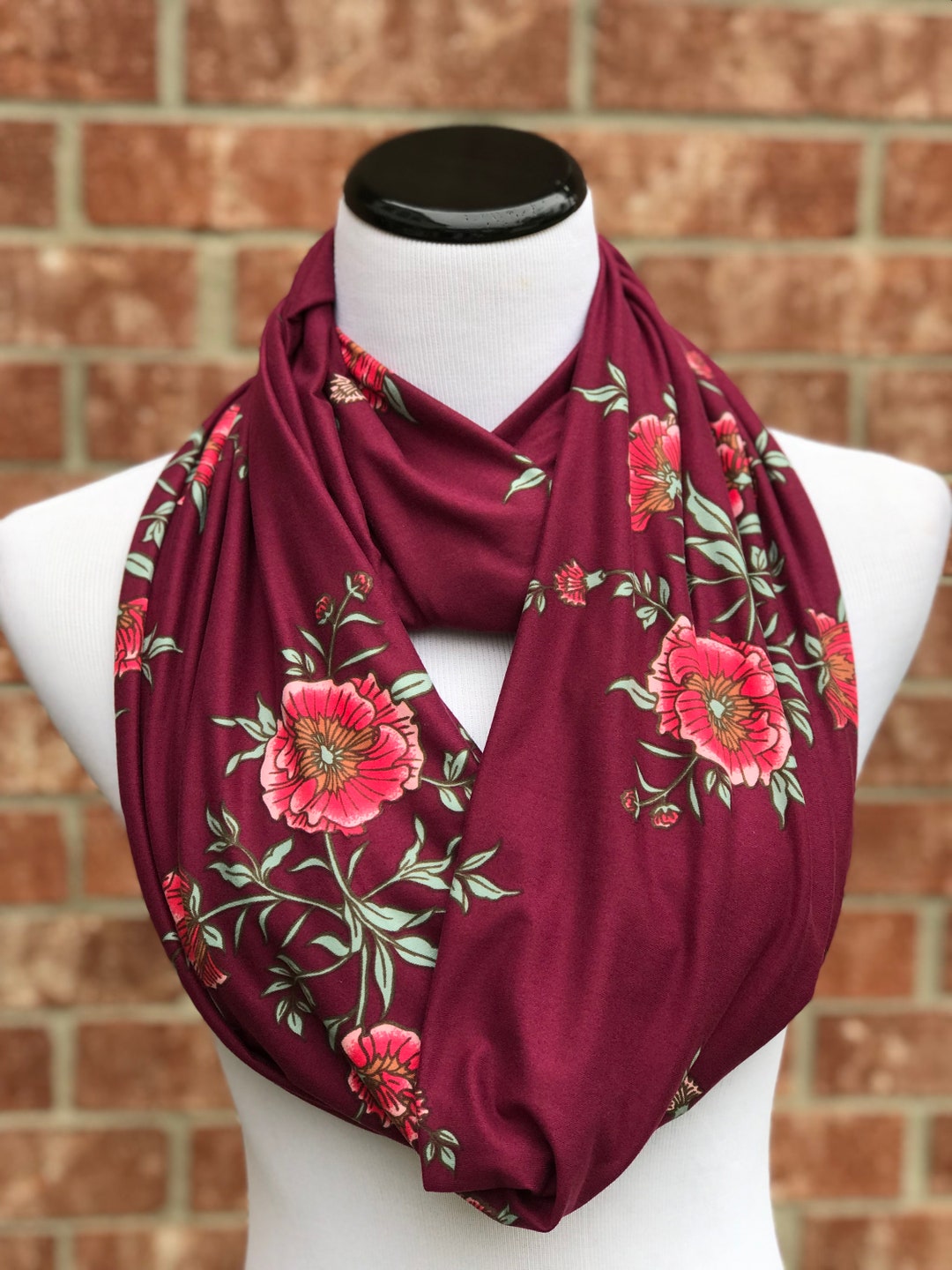 Floral Scarf Rose Print Infinity Scarf Burgundy Pink Poppy Scarf Roses ...
