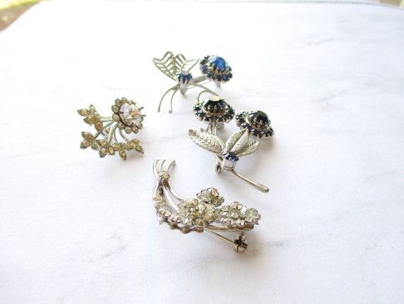 Lot Vintage Blue Clear Rhinestone Flower Brooches Sil… Gem