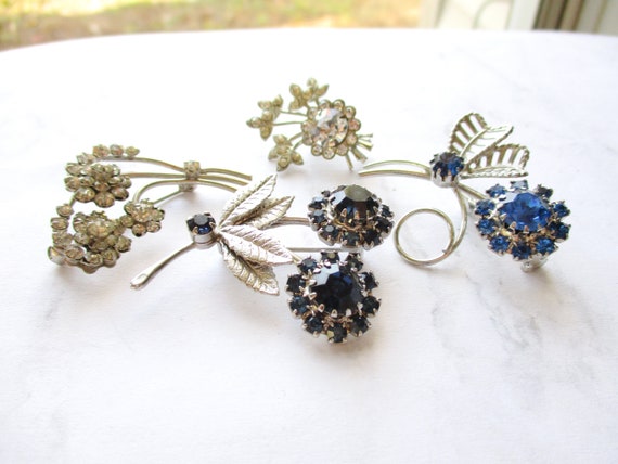 Lot Vintage Blue Clear Rhinestone Flower Brooches Sil… Gem