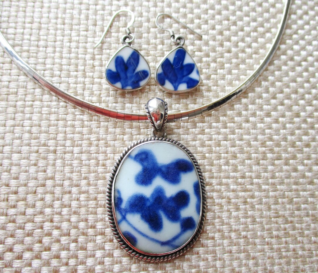 Chinese Porcelain Pottery Shard 925 Pendant Blue White Dangle Earrings ...