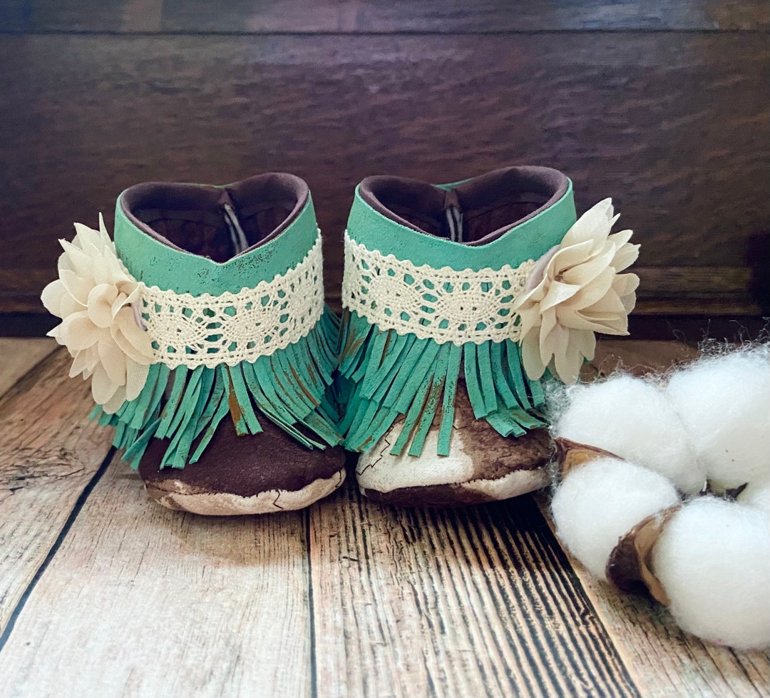 Cow Print Fringe Baby Boots, Cowgirl Booties, Cow Print and Turquoise ...