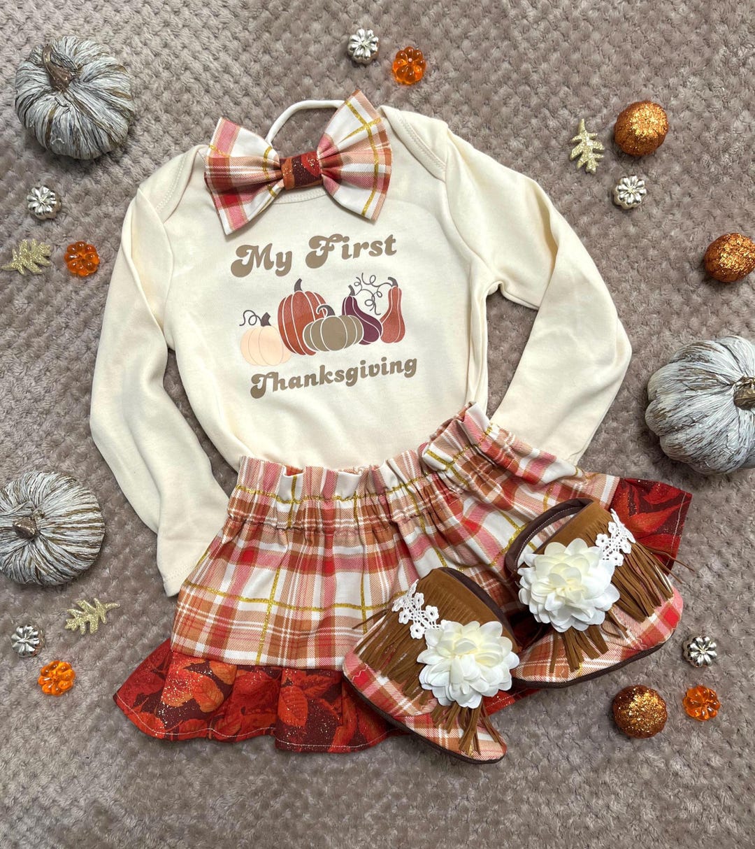 My First Thanksgiving Outfit, Baby Girl Thanksgiving Outfit, Plaid, Orange, Personalized, Baby ...