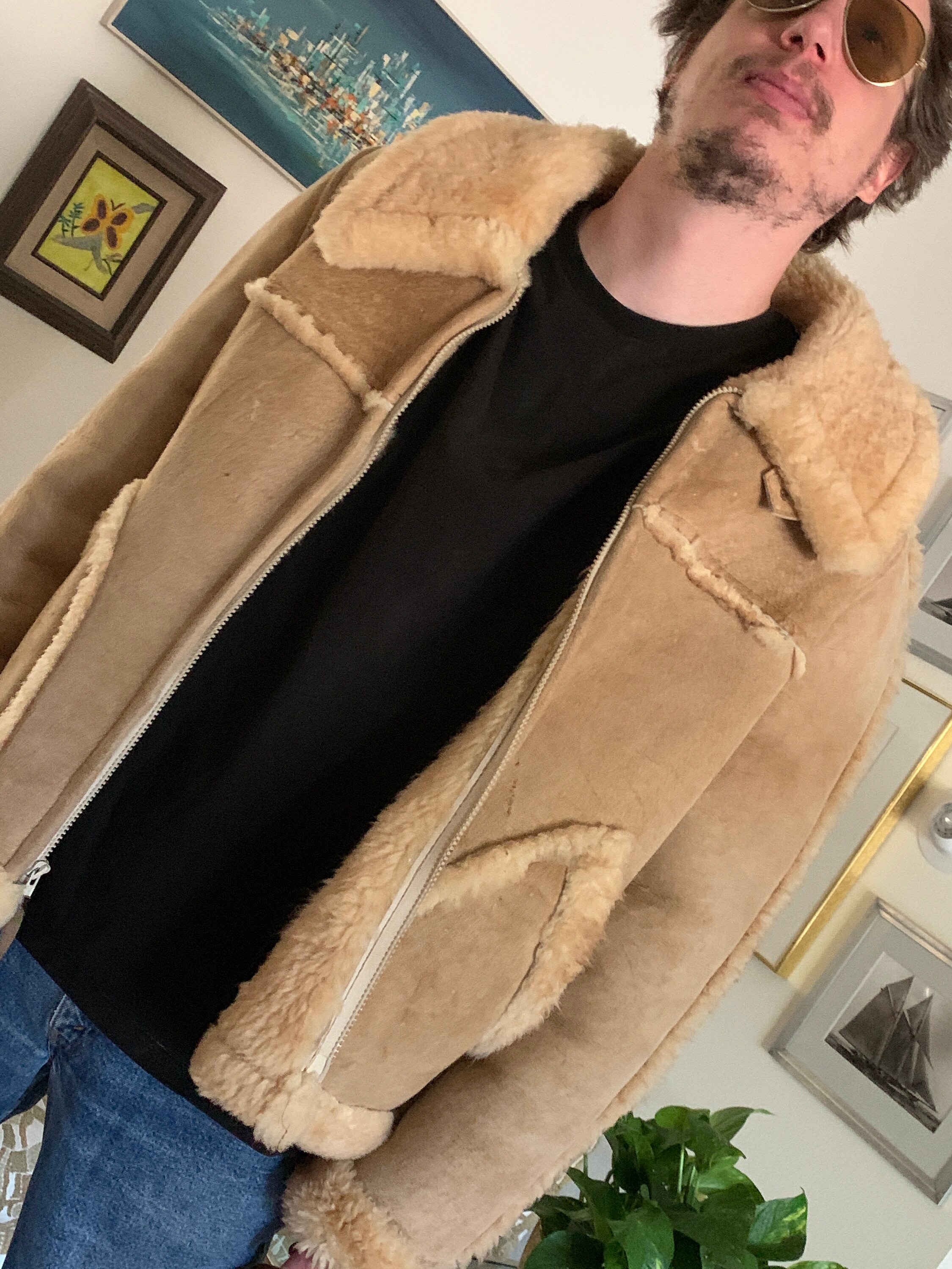 1970's Shearling Leather Disco Car Coat Jacket Creamy Ombre Sheepskin ...