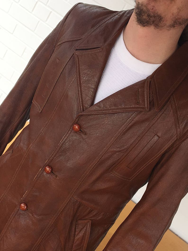 Leather Trench Coat 1970 S Gangster Hippie Disco Grais Mod Spy Coat Car