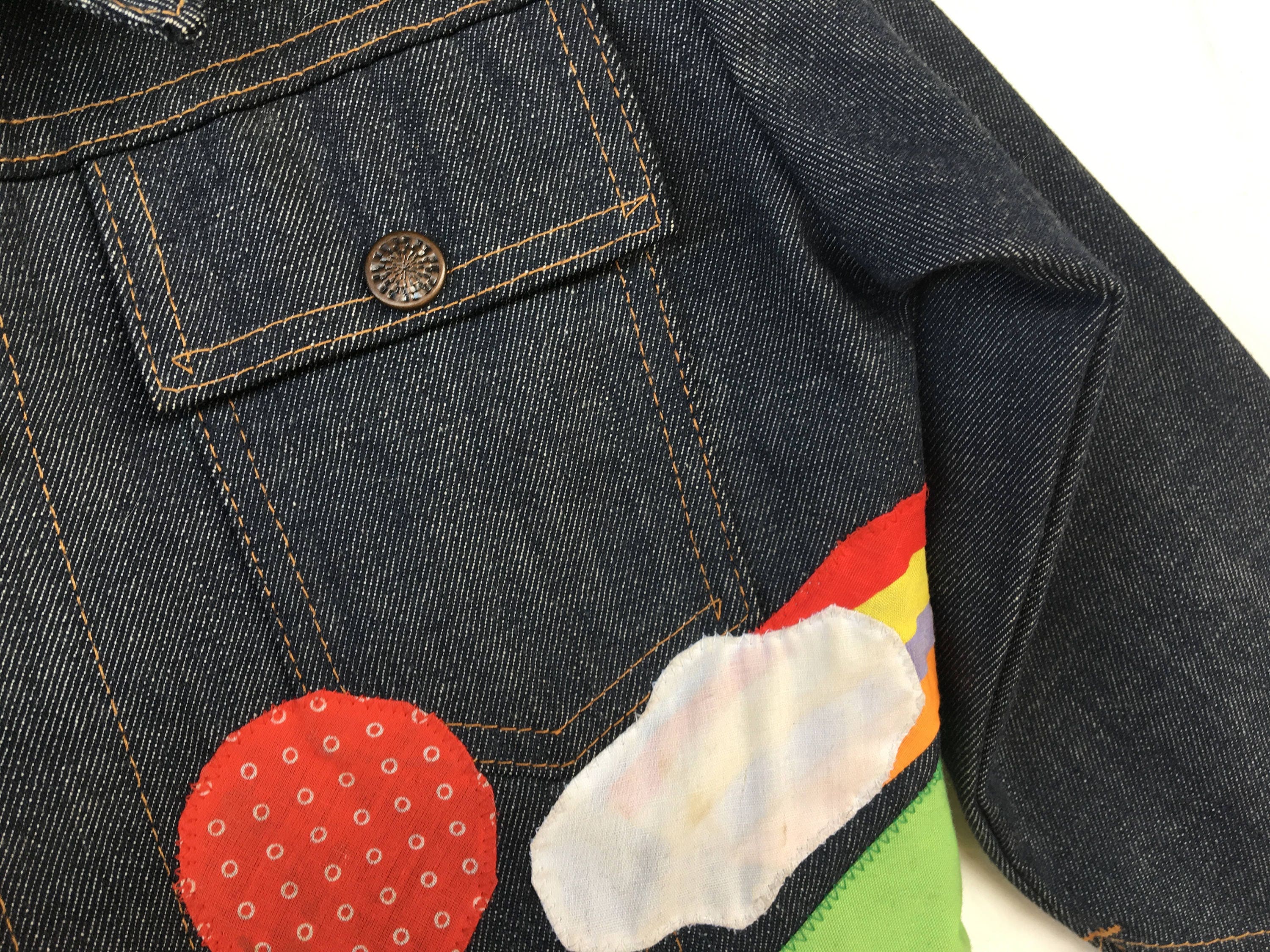 1970's Mod Art Kids Jean Jacket Embroidered Applique Grainy Denim Shirt ...