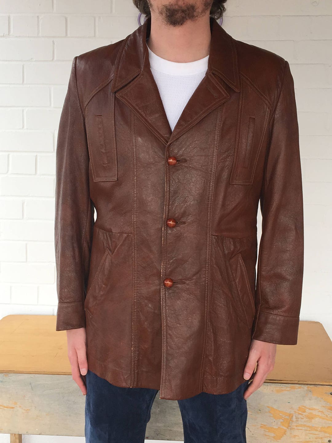 Leather Trench Coat 1970's Gangster Hippie Disco Grais Mod Spy Coat Car ...