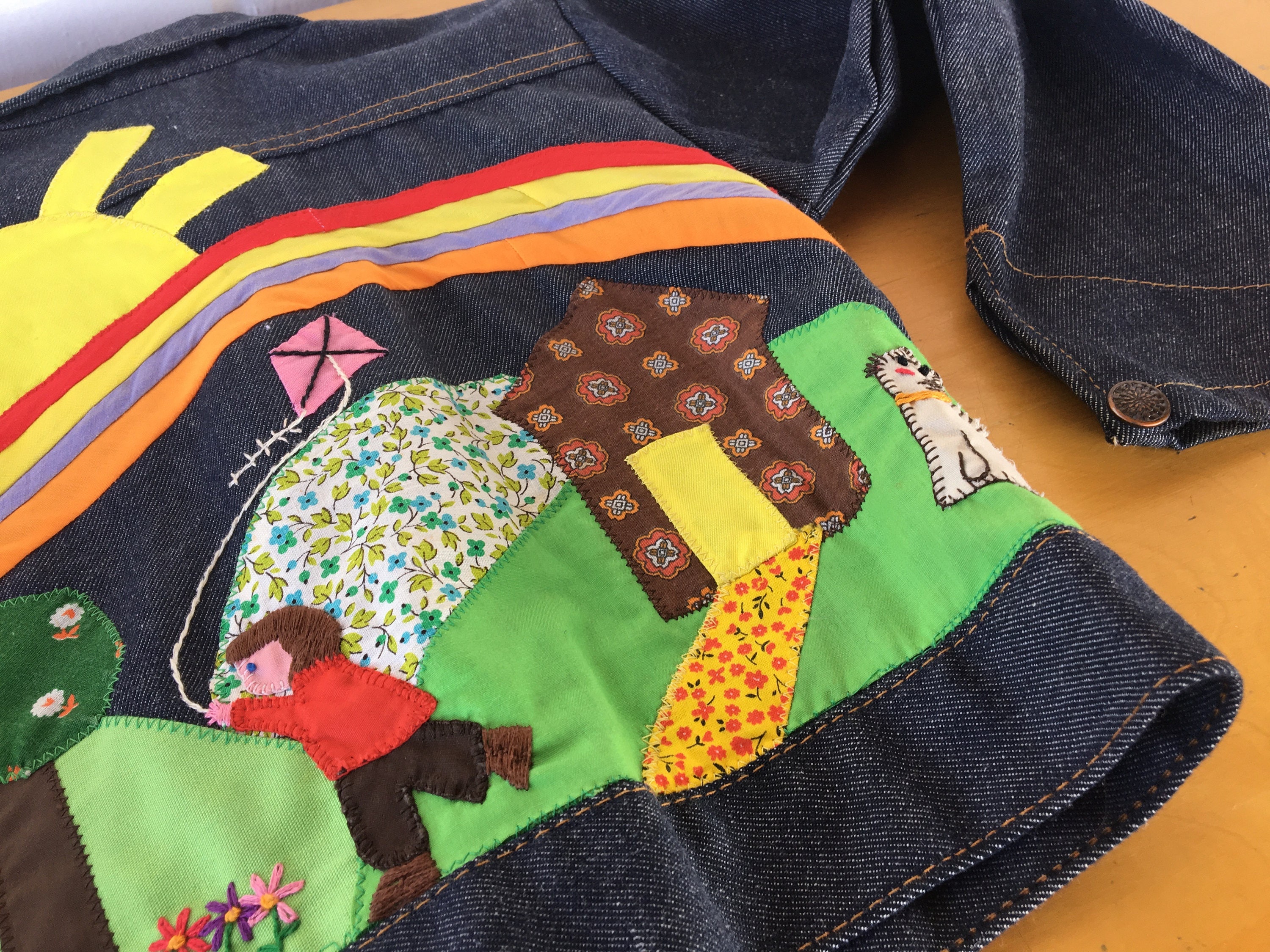 1970's Mod Art Kids Jean Jacket Embroidered Applique Grainy Denim Shirt ...
