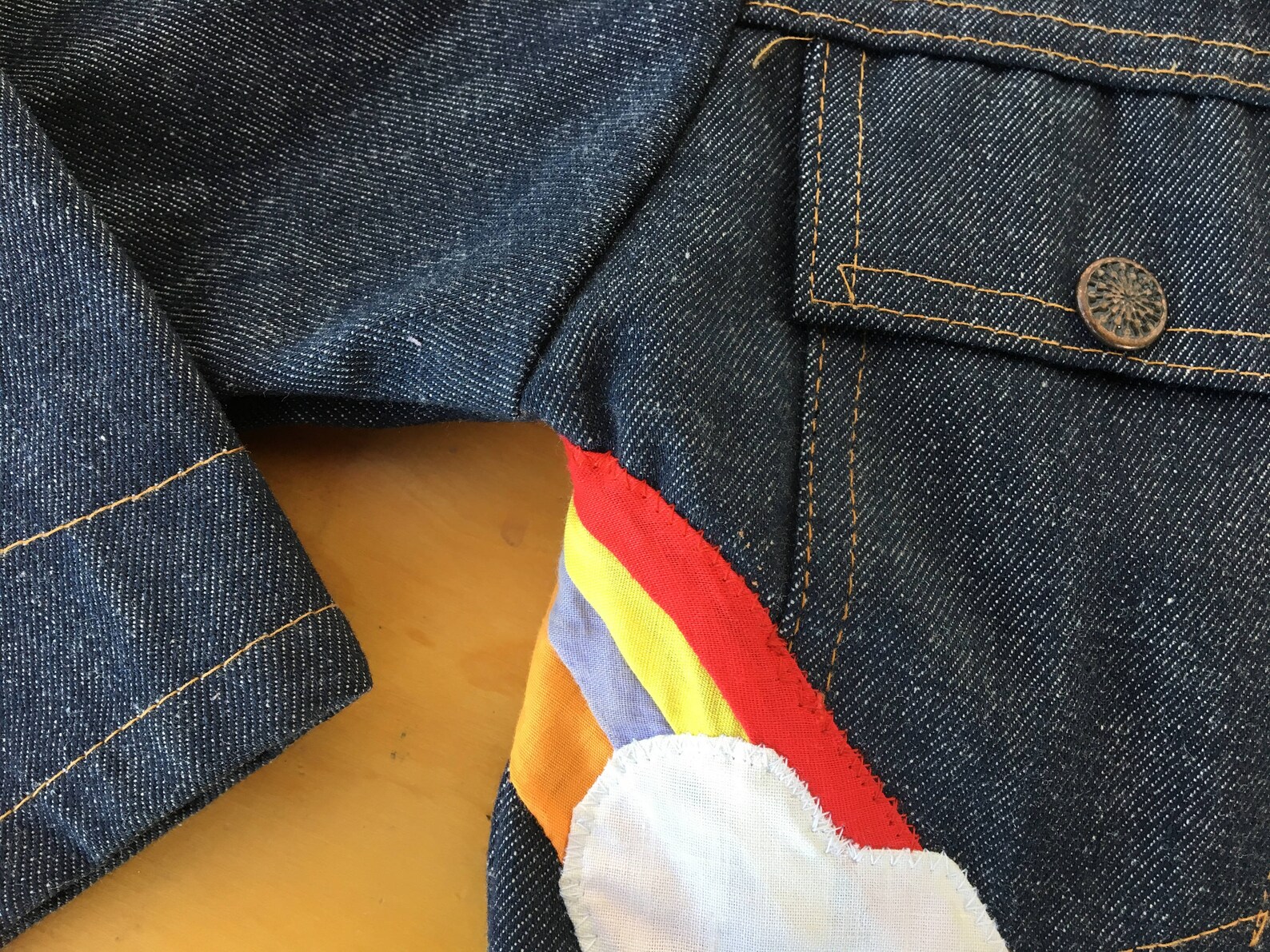 1970's Mod Art Kids Jean Jacket Embroidered Applique Grainy Denim Shirt ...