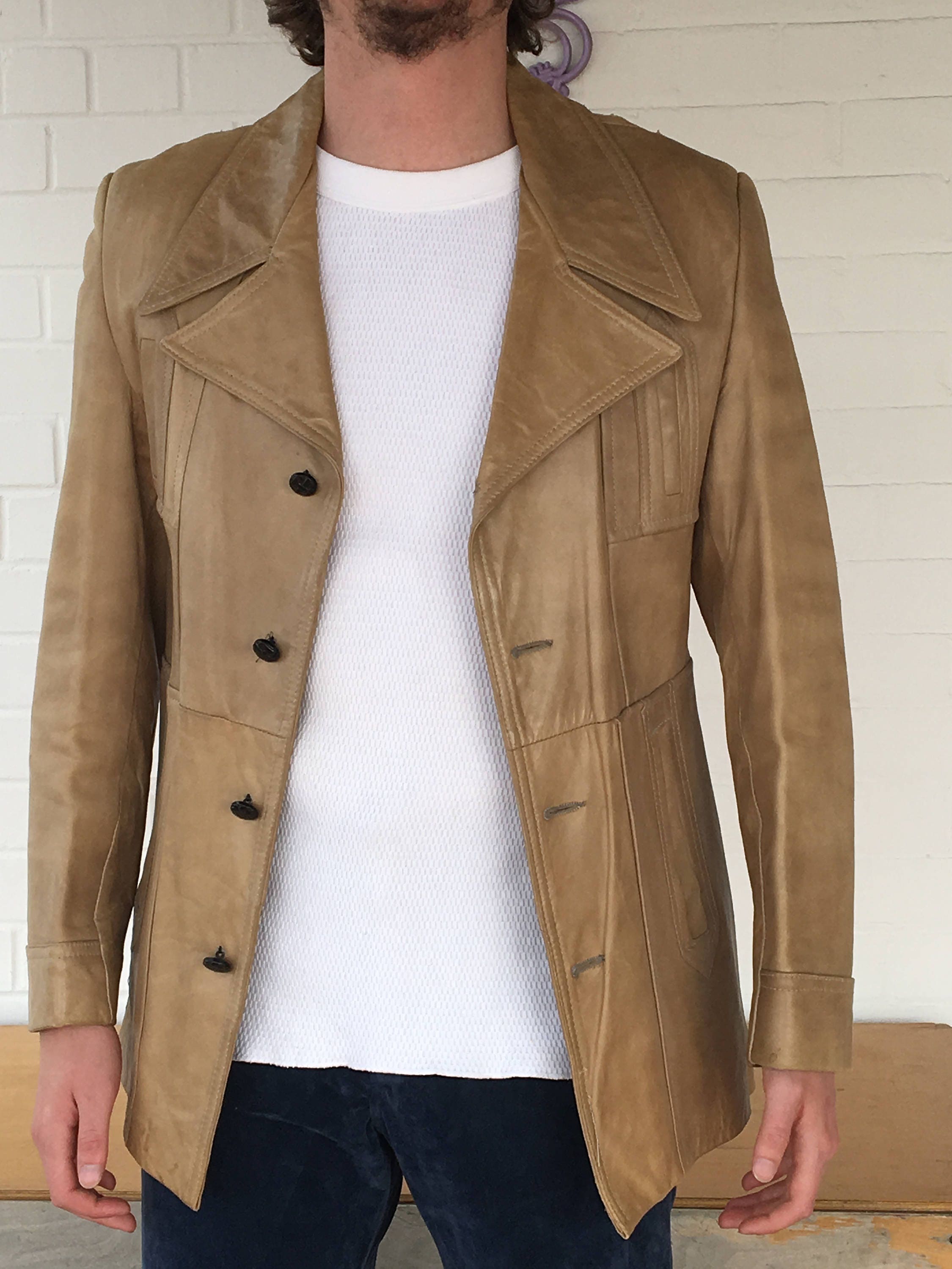 Leather Trench Coat 1960's Gangster Hippie Disco Grais Mod Spy Coat Car ...