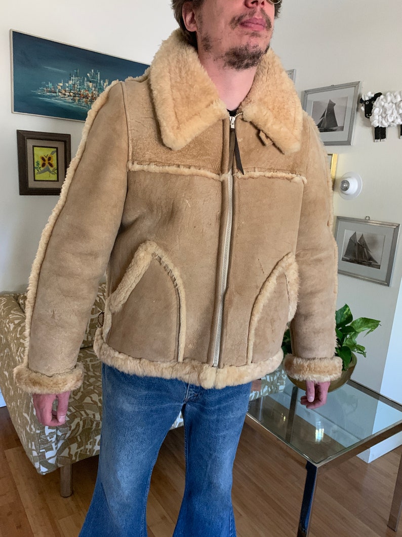 1970's Shearling Leather Disco Car Coat Jacket Creamy Ombre Sheepskin ...