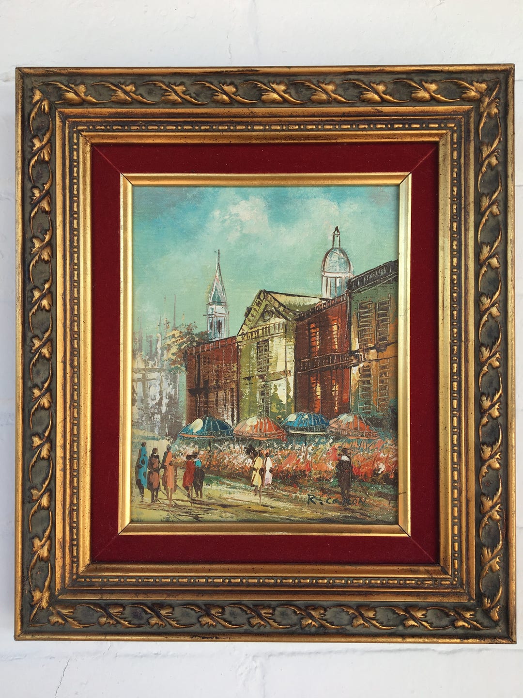 1960's R Caron Oil Street Scene Painting Original Art Framed Modern Art ...