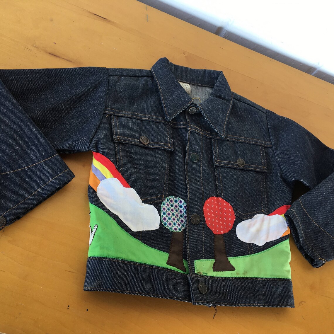 1970's Mod Art Kids Jean Jacket Embroidered Applique Grainy Denim Shirt ...