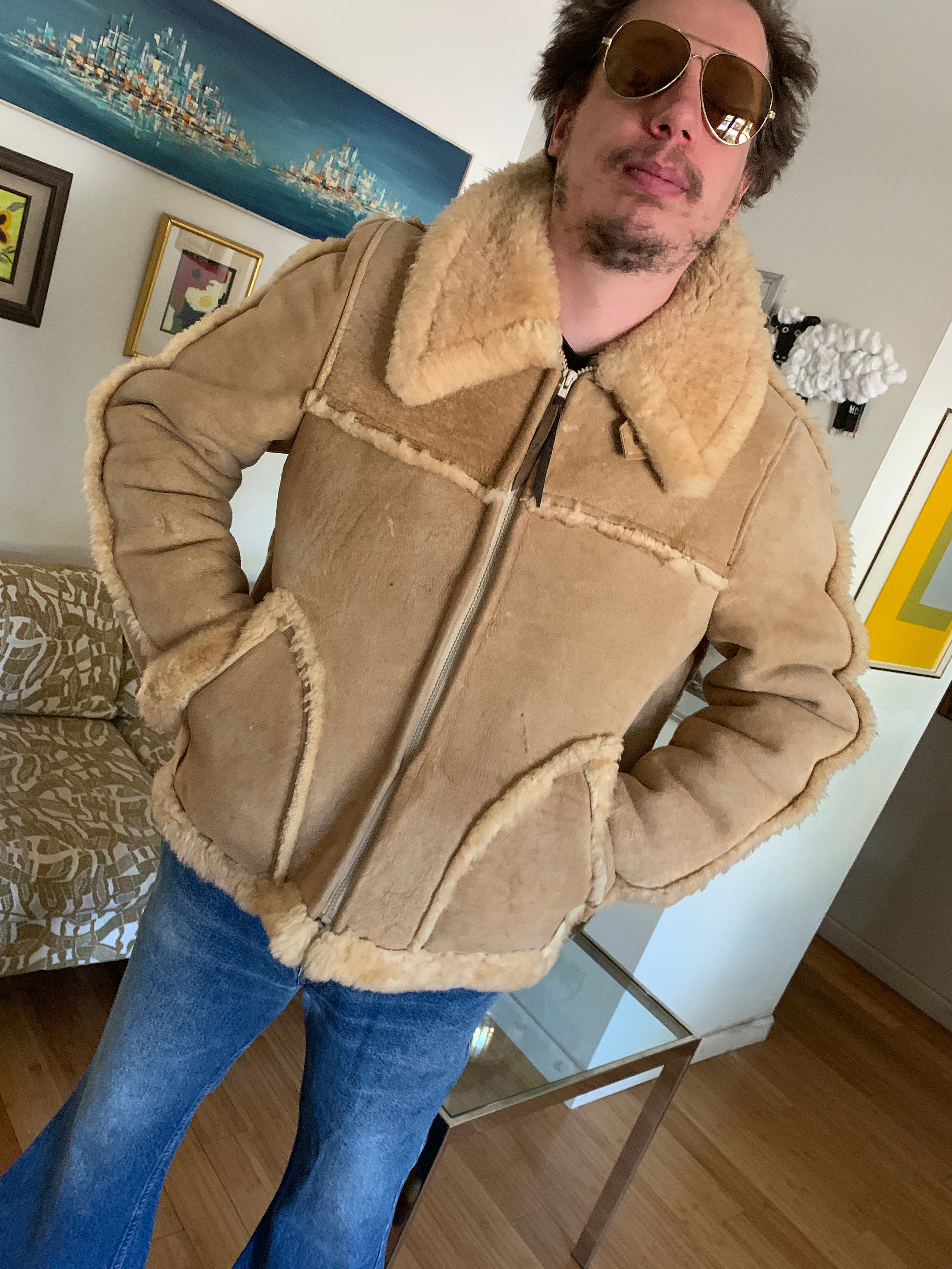 1970's Shearling Leather Disco Car Coat Jacket Creamy Ombre Sheepskin ...