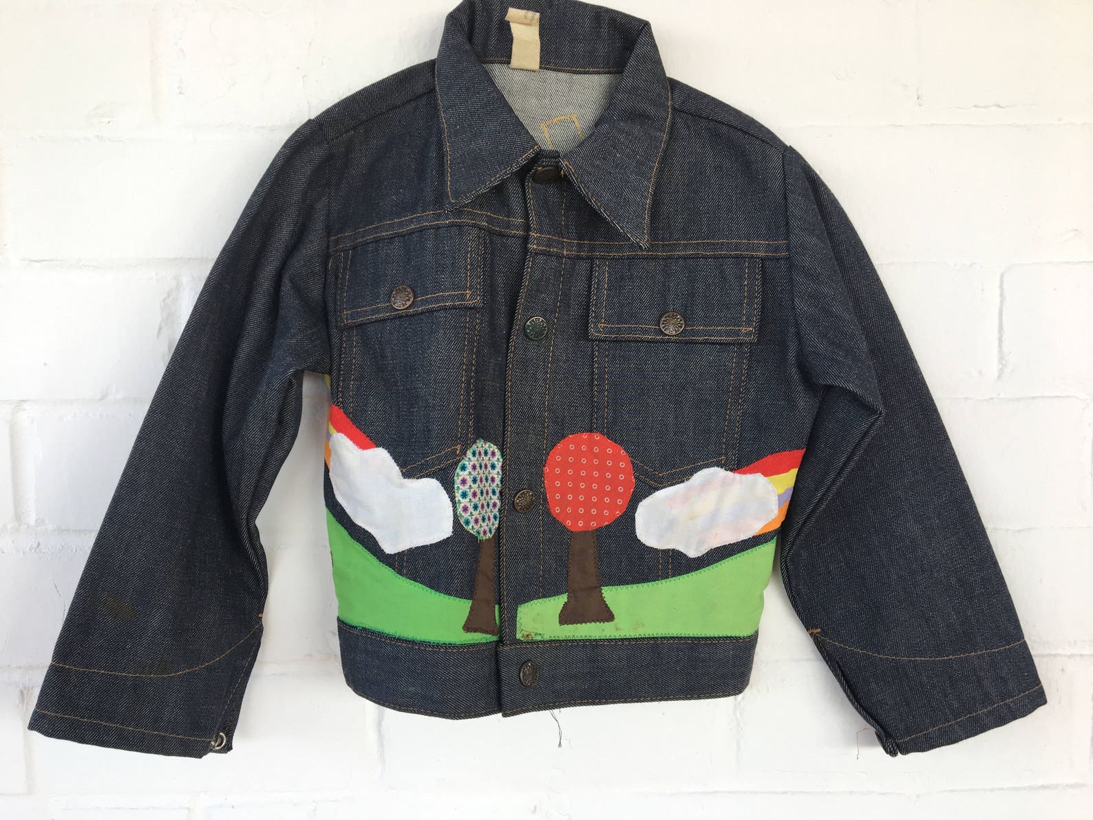 1970's Mod Art Kids Jean Jacket Embroidered Applique Grainy Denim Shirt ...
