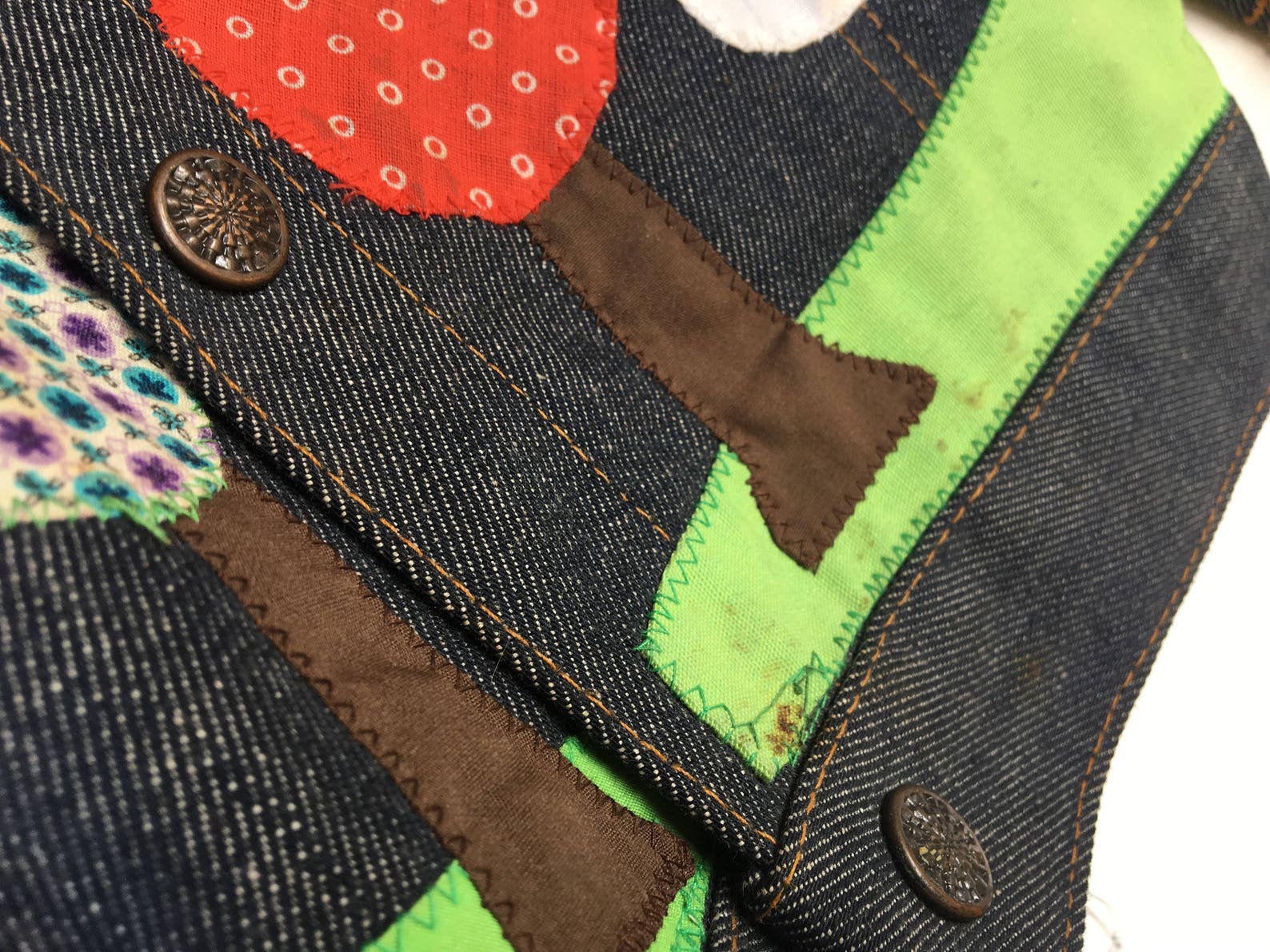 1970's Mod Art Kids Jean Jacket Embroidered Applique Grainy Denim Shirt ...