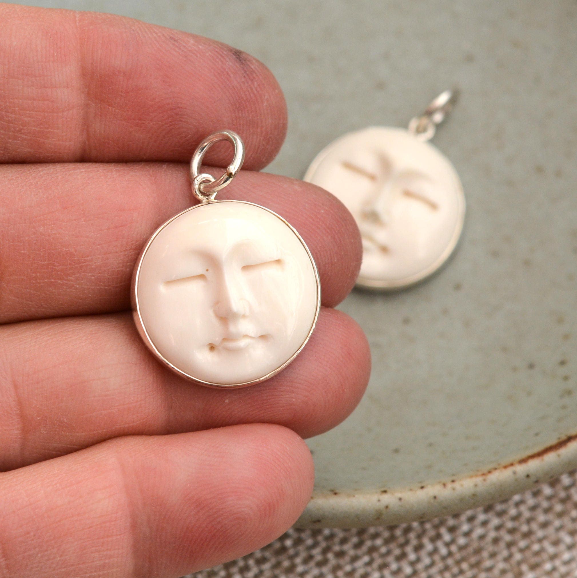 Sterling Silver Carved Bone Moon Face Pendants Moonface Bone - Etsy Canada
