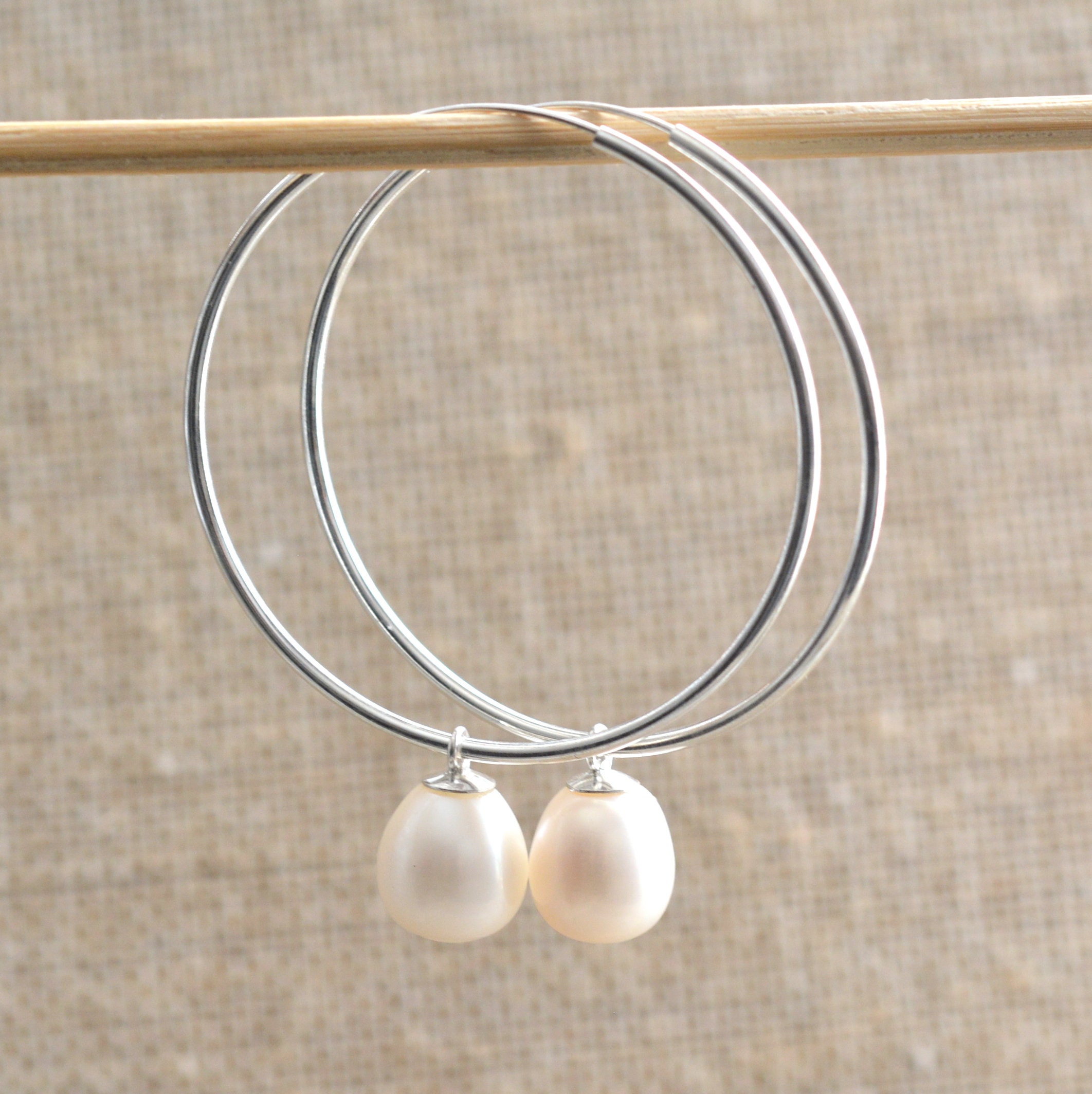 Large Silver Hoops With Pearls Silver Pearl Hoops 45mm | Etsy