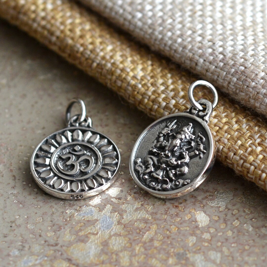 Ganesh Charm, Om Charm, Round, Sterling Silver, Ganesha Pendant, Om ...